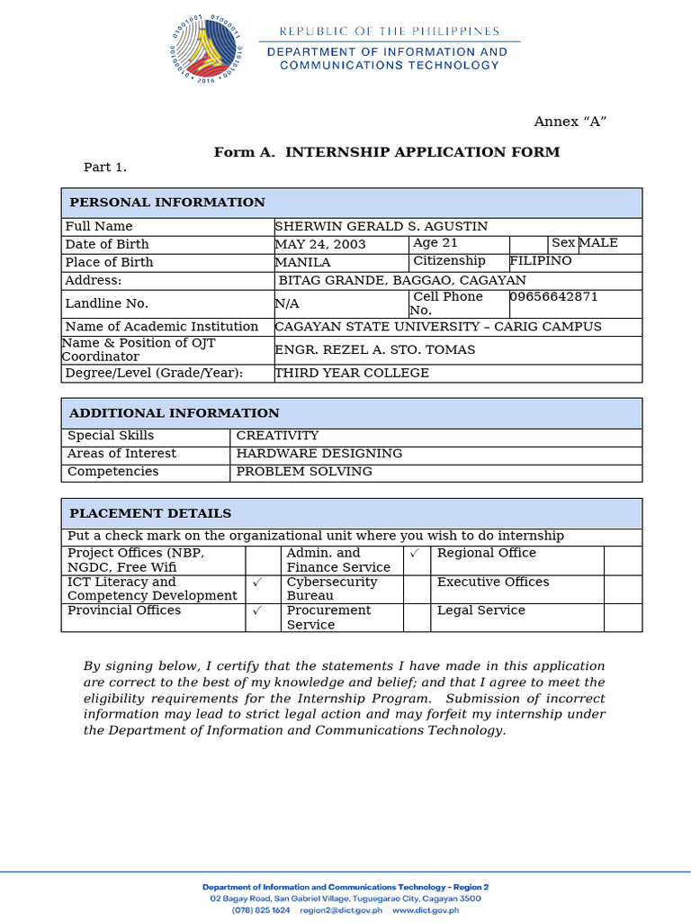 Internship Application for DICT Program | PDF