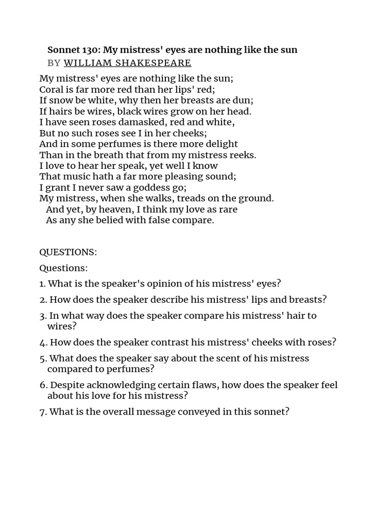 Sonnet 130 William Shakespeare Poem and Questions | PDF | Poetry | Classics