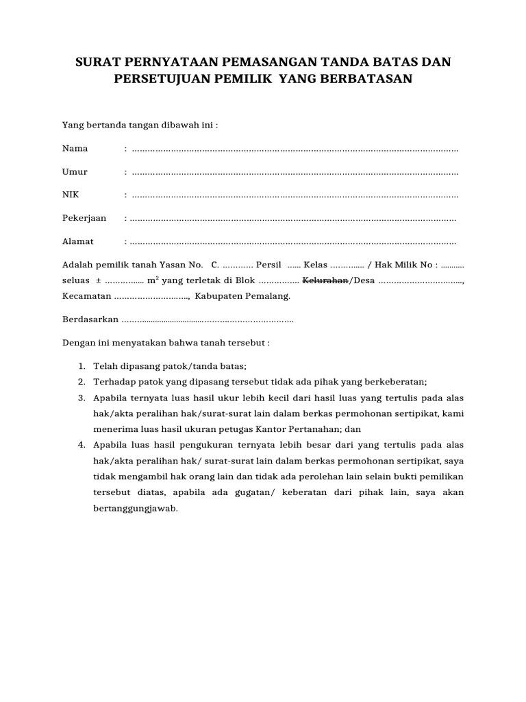Surat Pernyataan Pemasangan Tanda Batas | PDF | Politik | Griya & Taman