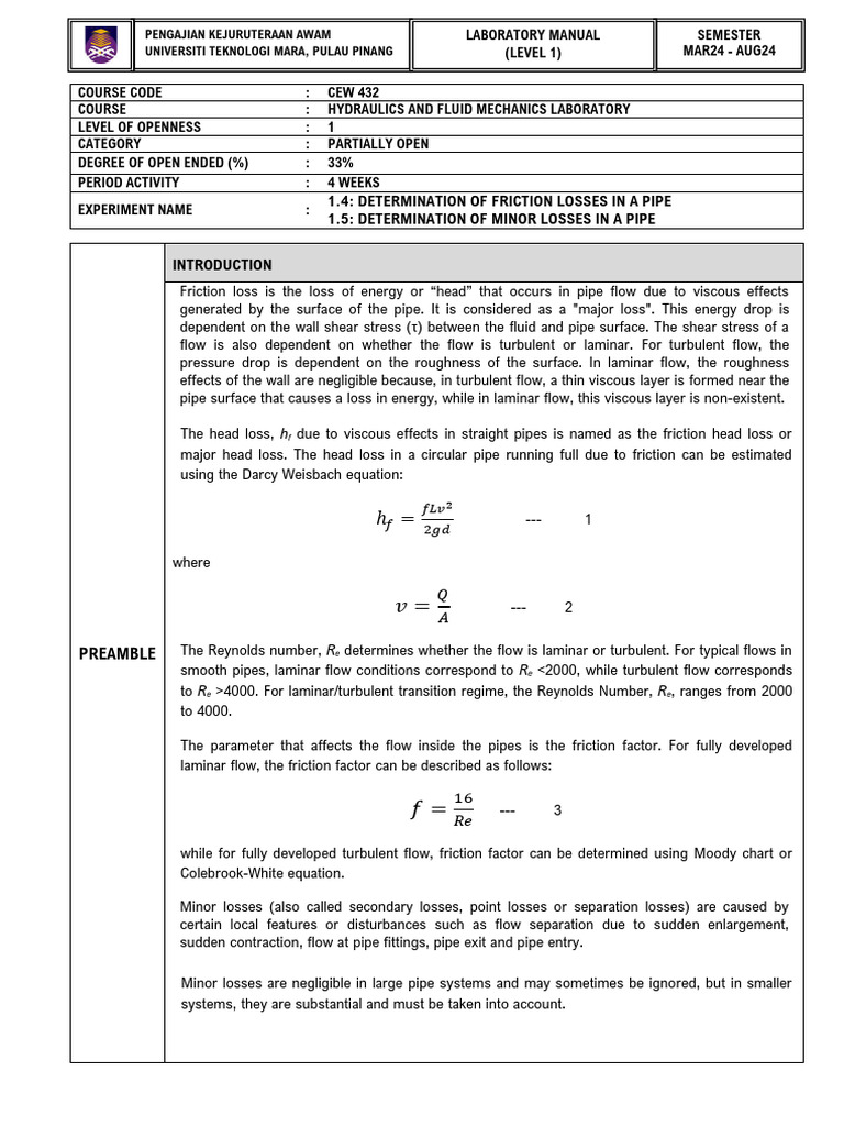L04 and 05 - Friction and Minor Losses - Lab Sheet - MAR24 | PDF | Fluid Dynamics | Laminar Flow