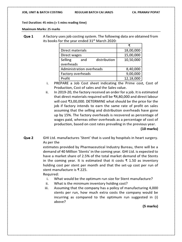 Job and Unit Batch Test Paper | PDF | Cost Of Goods Sold | Cost