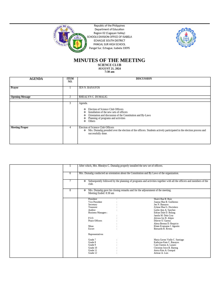 MINUTES OF MEETING SCIENCE 2024-2025 | PDF