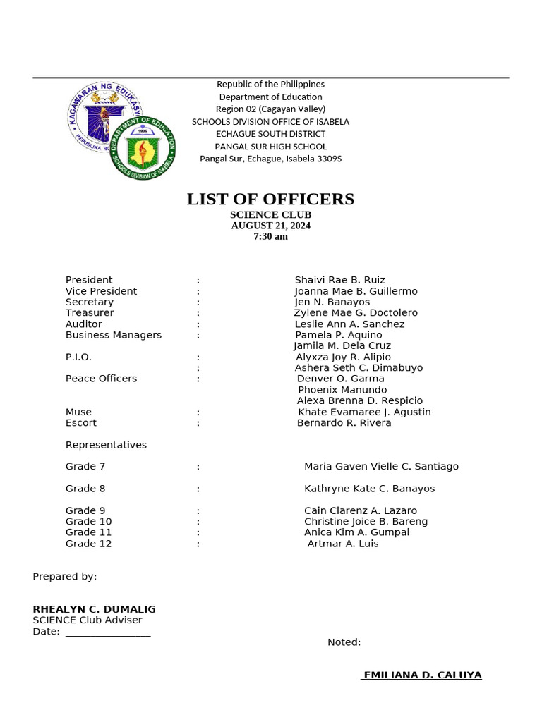 Science Club Officers List 2024 | PDF