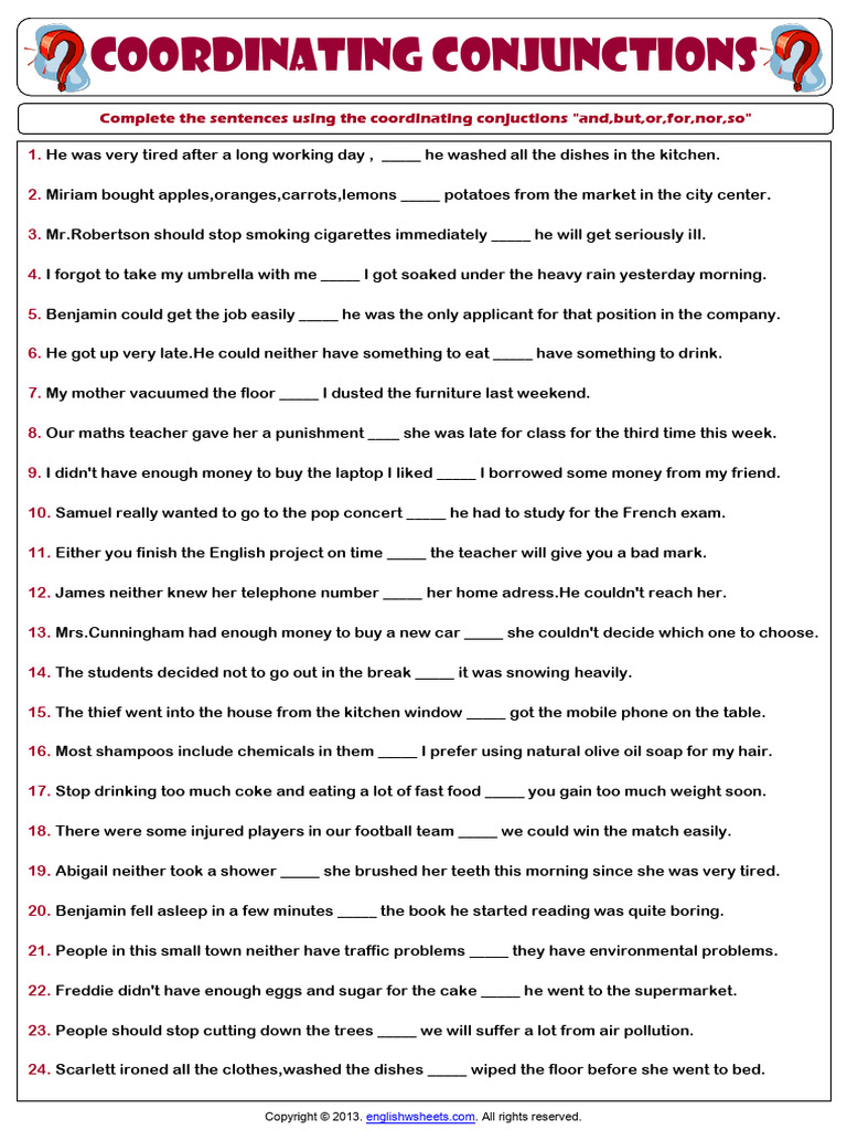 Coordinating Conjunctions Exercises Worksheet | PDF