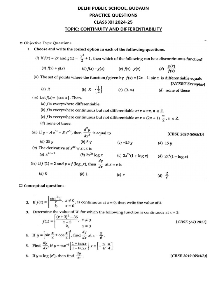 Practice Questions Continuity and Differentiability Class Xii | PDF | Career & Growth | Self ...