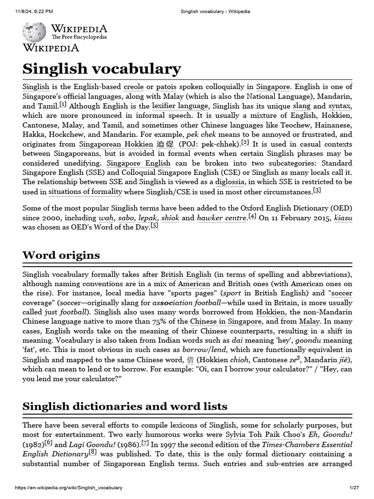 Singlish Vocabulary - Wikipedia | PDF | Languages Of Singapore | Lexicology