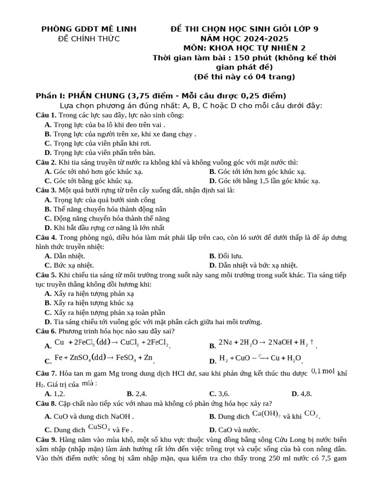 Đề Hsg Khtn Hóa 9 Huyện Mê Linh 2024 2025 | PDF