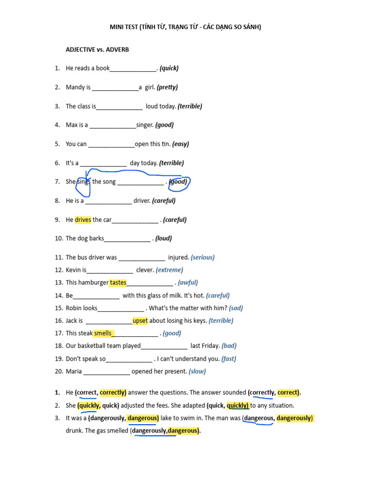 Mini Test on Adjectives and Adverbs | PDF | Adverb