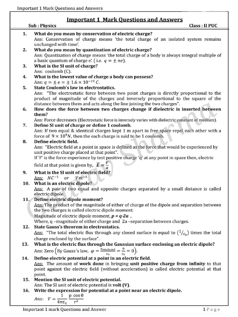 PA PHYSICS (CLASS 12) - 1, 2, 3 Marks Question With Answer | PDF