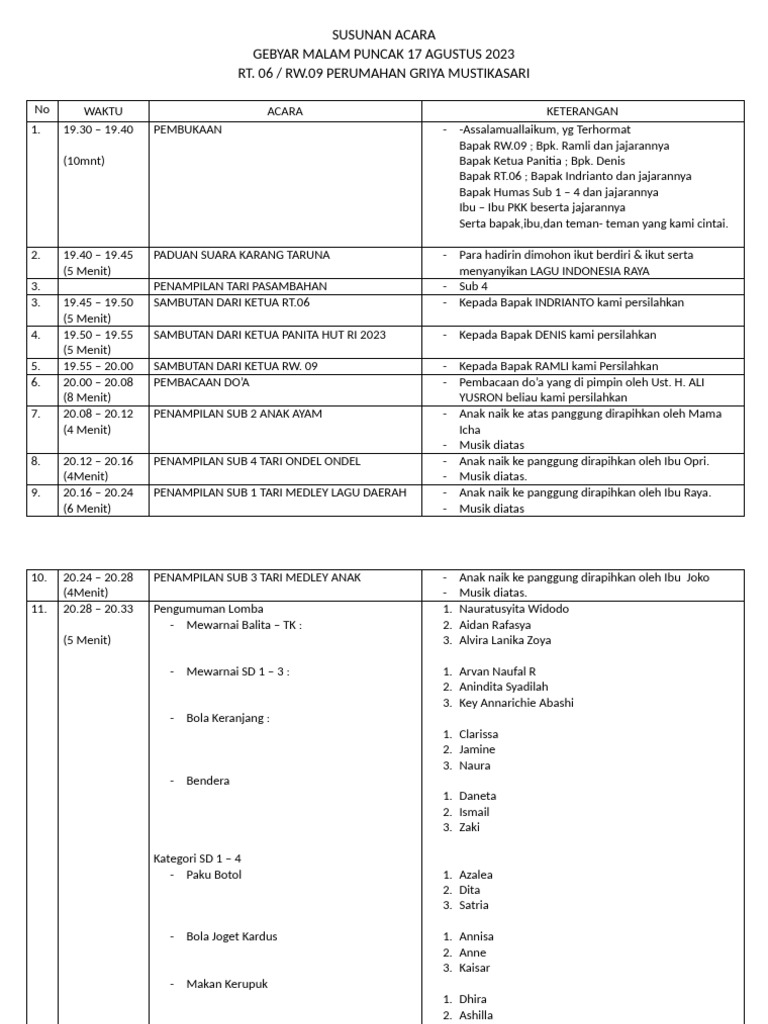 Rundown Acara Malam Puncak Hut Ri 79 | PDF