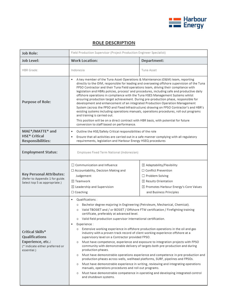 Role Description Field Production Supervisor Project Production ...