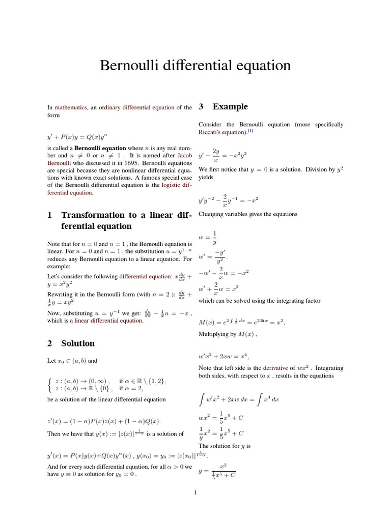 Bernoulli Eq Pdf Equations Differential Equations