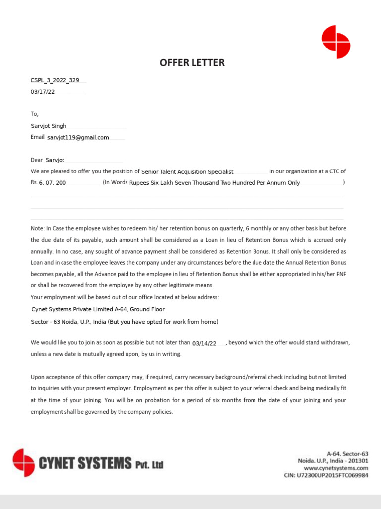 Offer Letter Cynet Systems | PDF | Identity Document
