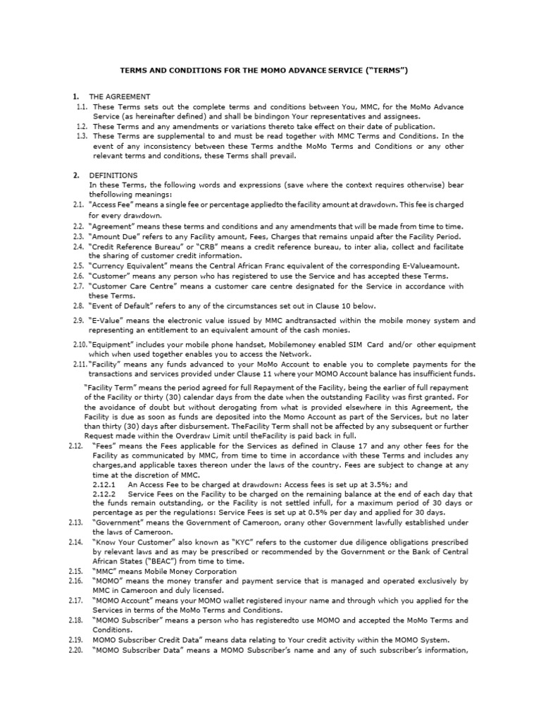 MoMo Advance Service Terms & Conditions | PDF | Overdraft | Indemnity