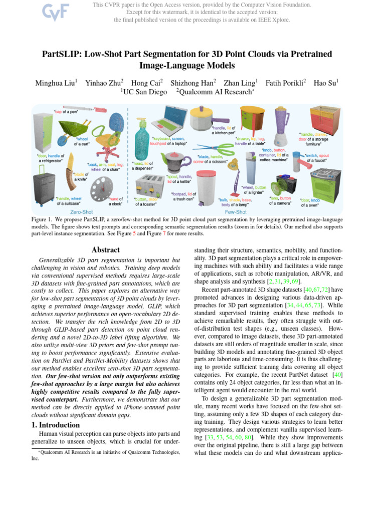 Liu PartSLIP Low-Shot Part Segmentation For 3D Point Clouds Via Pretrained CVPR 2023 Paper | PDF ...