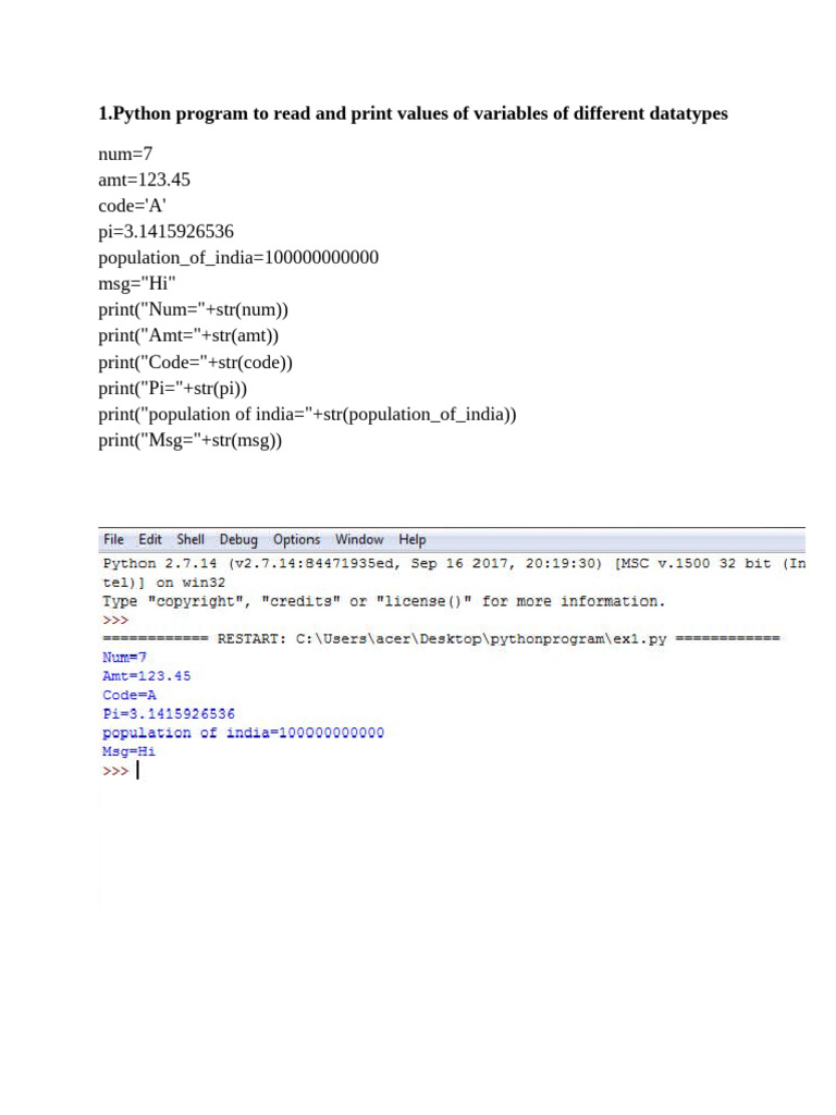 1.python Program To Read and Print Values of Variables of Different Datatypes | PDF | Computing ...