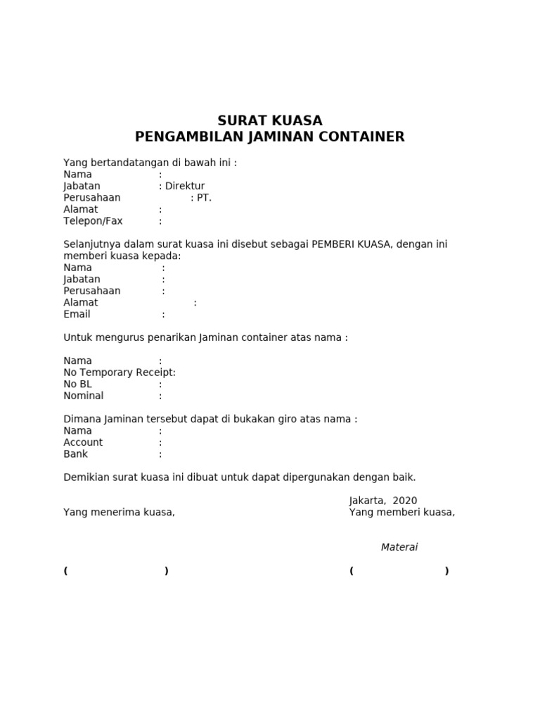 Draft Surat Kuasa Pengembalian Jaminan Container | PDF