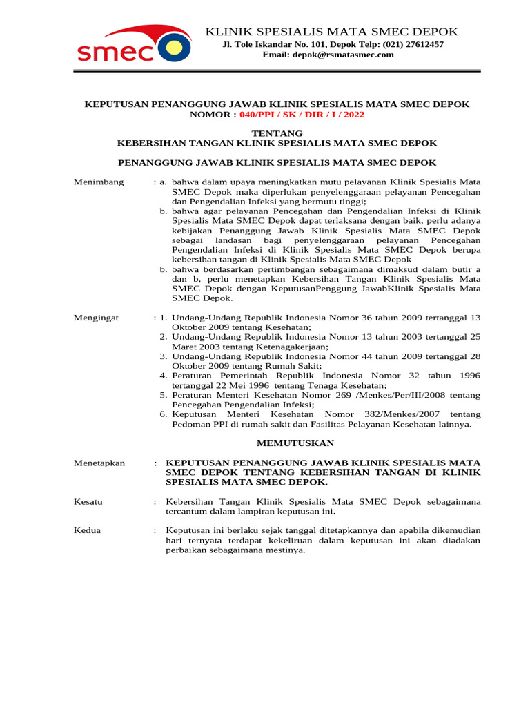 Kebersihan Tangan di Klinik SMEC Depok | PDF