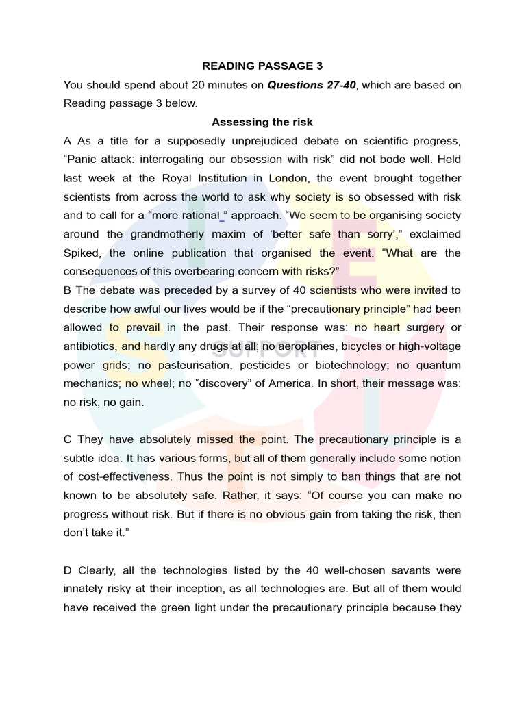 Reading Passage: ASSESSING THE RISK | PDF | Risk