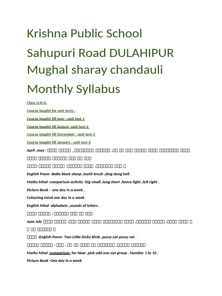 Syllabus Class Ukg | PDF | Languages Of Asia