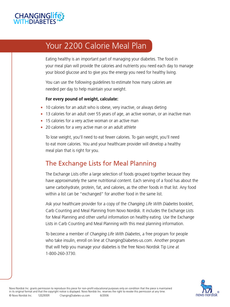 Your 2200 Calorie Meal Plan: The Exchange Lists For Meal Planning | PDF ...