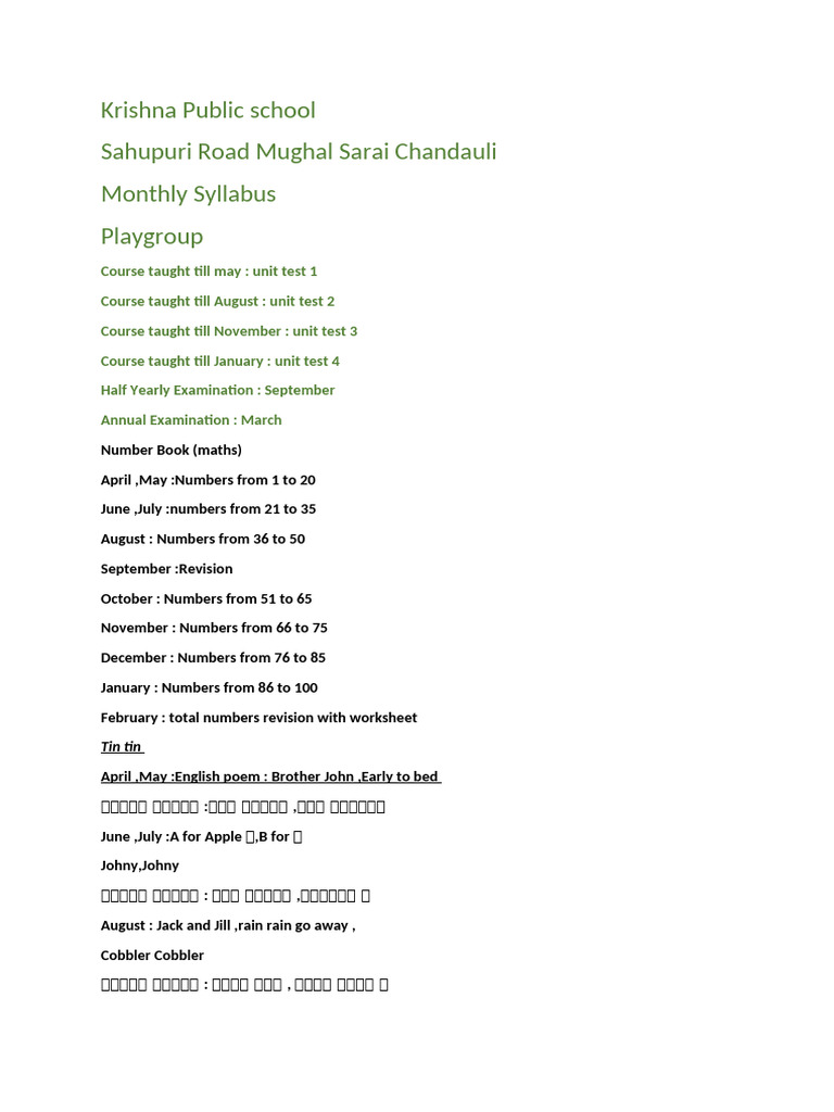 Monthly Syllabus for Playgroup Class | PDF