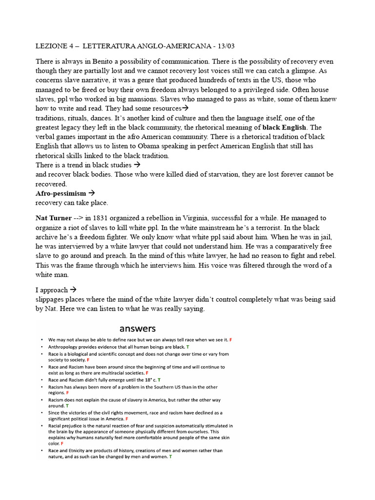 Lezione 4 - Letteratura Anglo-Americana | PDF | Race (Human Categorization) | Racism