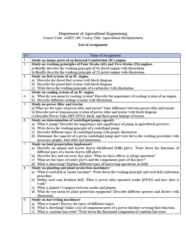 Assignment List AGEN 160 | PDF | Piston | Tractor