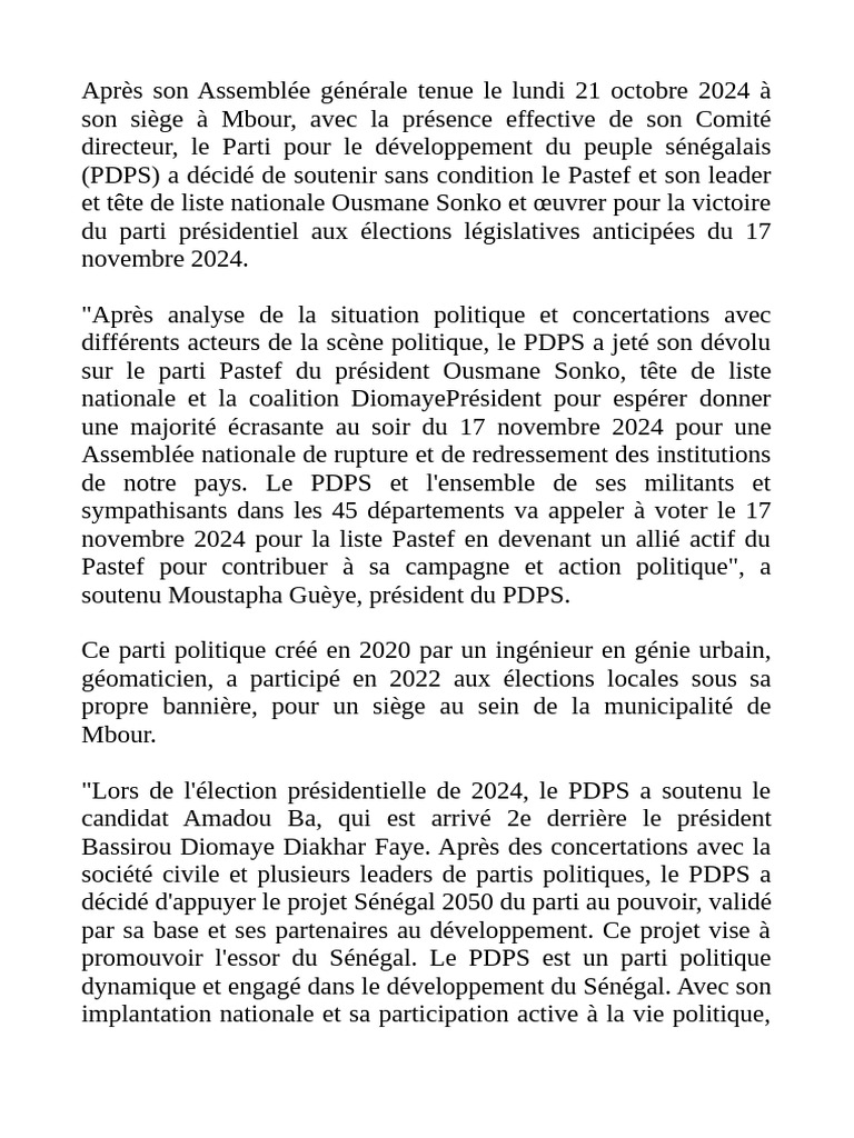 Soutien du PDPS au Pastef pour 2024 | PDF