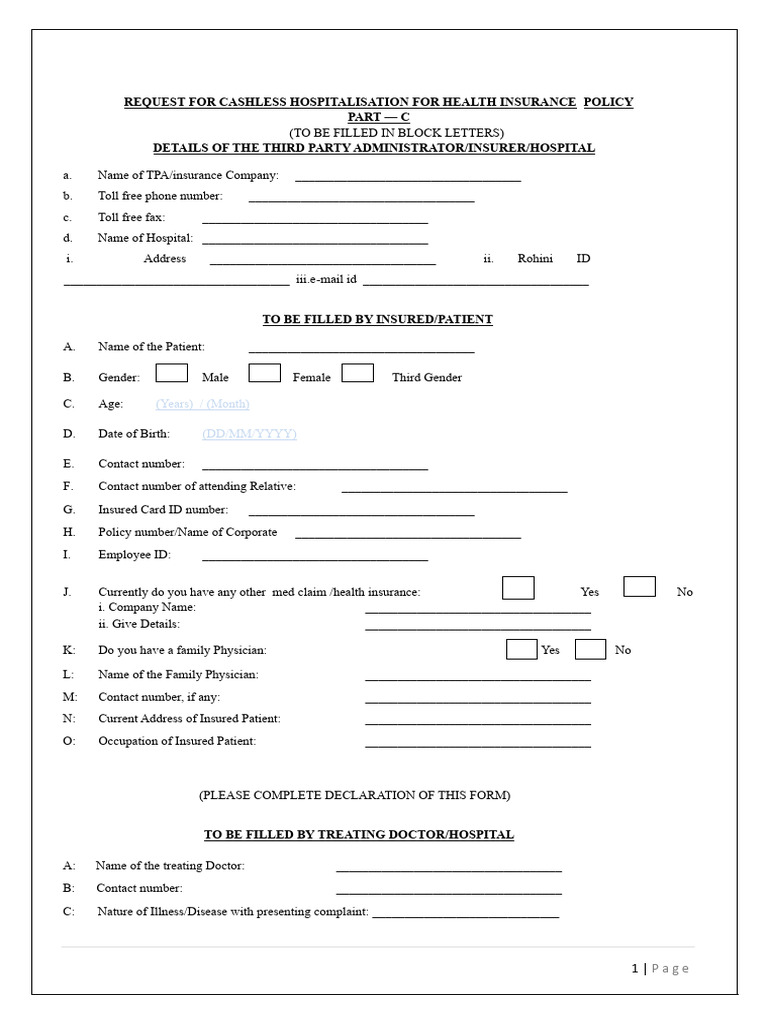 Cashless Hospitalization Request Form | PDF | Hospital | Insurance