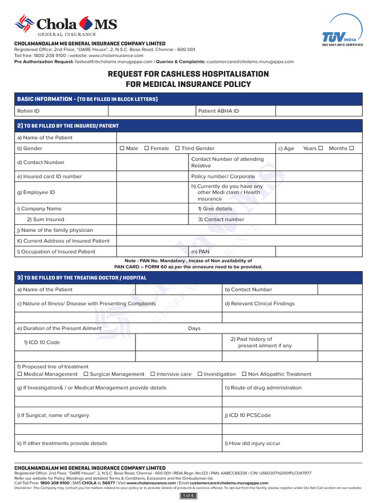 Chola MS PreAuth Form | PDF | Medicine | Health Care