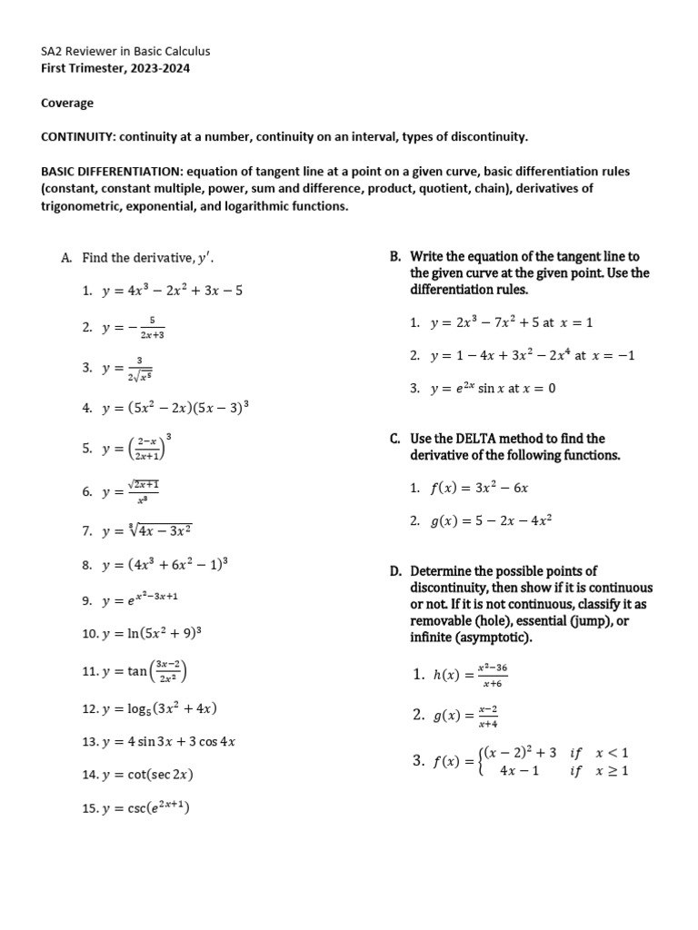 Sa2 Reviewer In Basic Calculus Pdf Trigonometric Functions Derivative