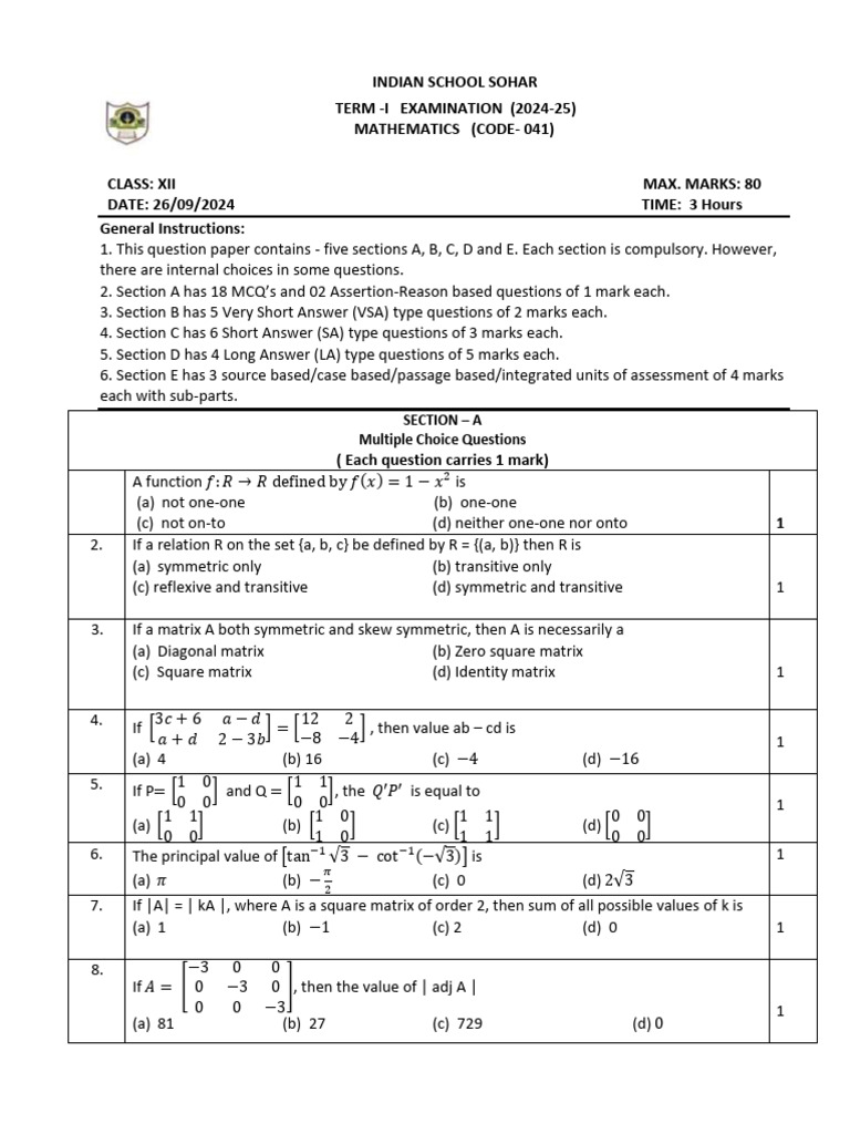 Class Xii Term I Mathematics 2024-25 | PDF | Matrix (Mathematics ...