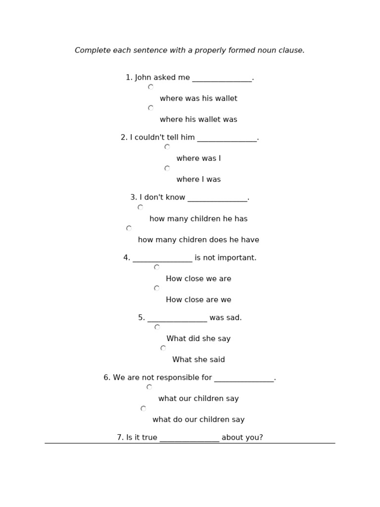 Noun Clause Sentence Completion Guide | PDF | Language Arts ...