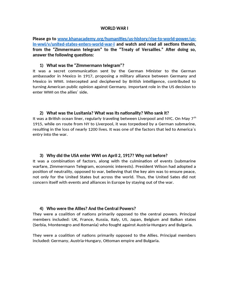 WWI QUESTIONS (1) | PDF | Treaty Of Versailles | World War I