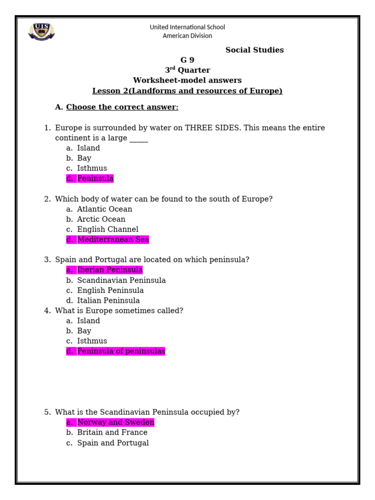 Worksheet Lesson2 G 9 | PDF | Europe | Mediterranean Sea