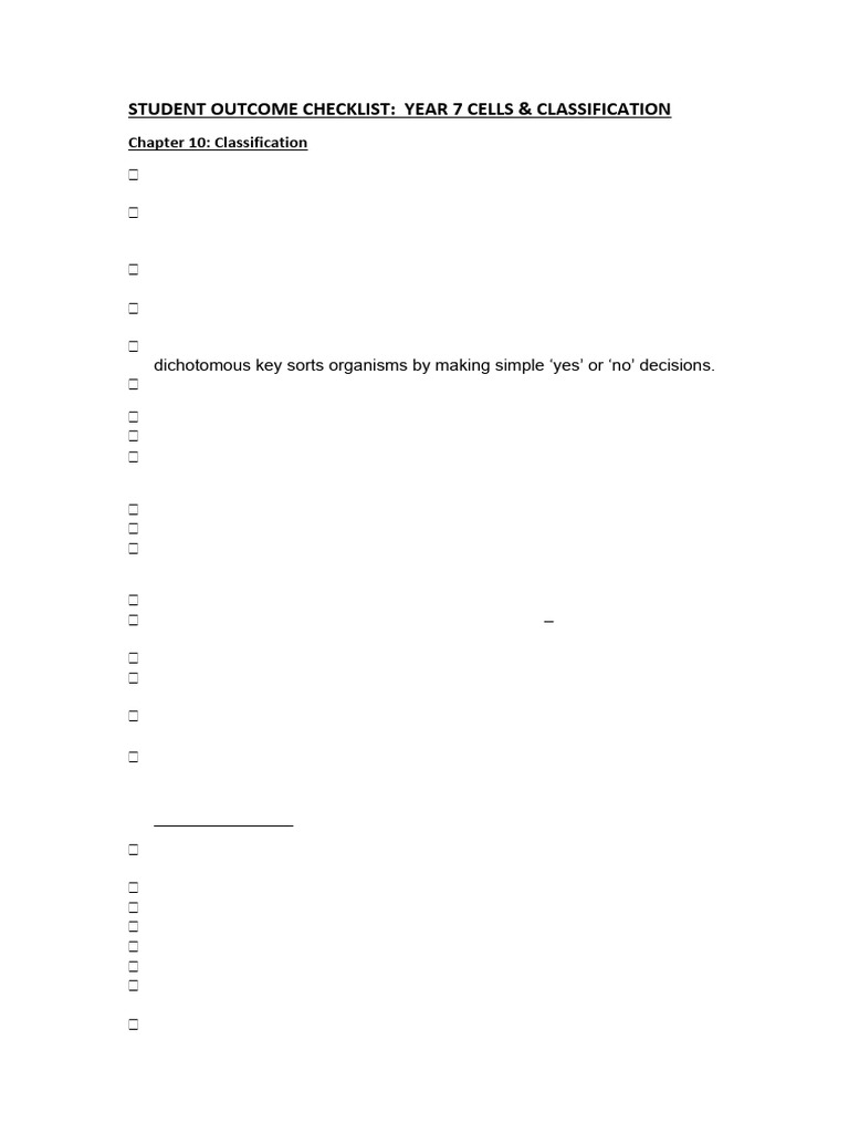 Checklist Cells and Classification | PDF | Cell (Biology) | Eukaryotes