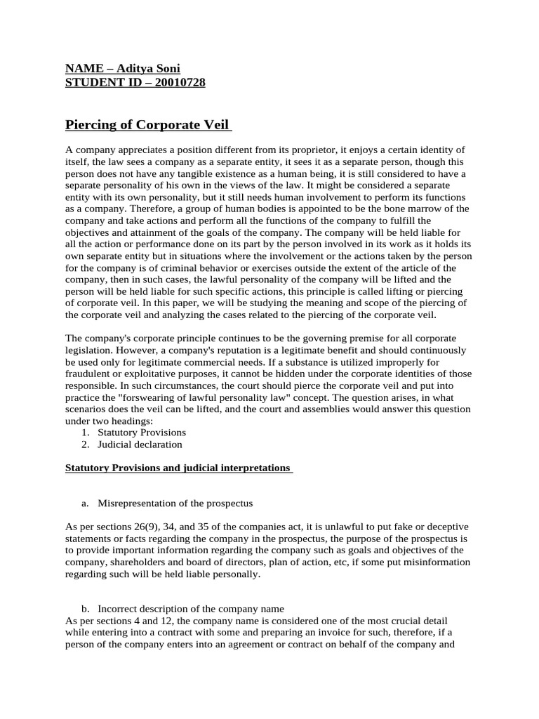 Company Law Research Paper | PDF | Piercing The Corporate Veil ...