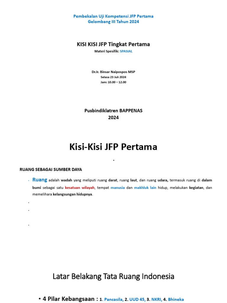 Pembekalan Materi Spasial JFP Pertama Gel III 23 Juli 2024 Binsar PHN | PDF