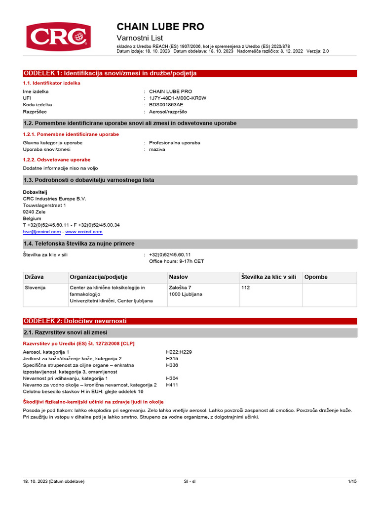 CRC Chain Lube MSDS (Slo) | PDF
