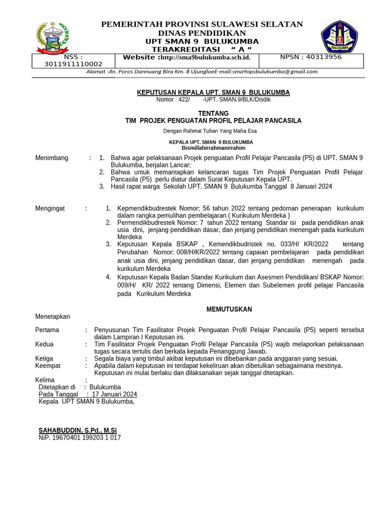 Tim P5 UPT SMAN 9 Bulukumba 2024 | PDF