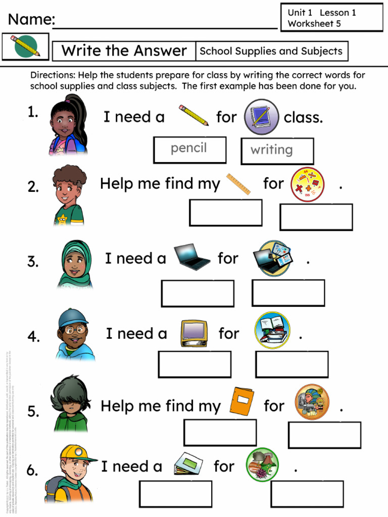 WS5L1 - Classroom Supplies and School Subjects (Write The Answer) | PDF