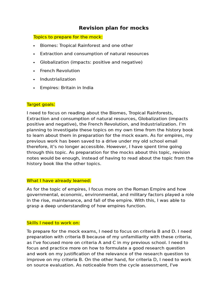 Revision Plan For Mocks | PDF