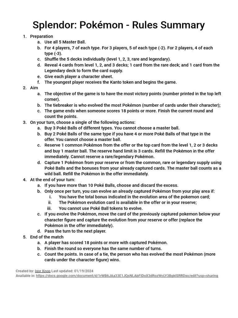 Splendor Pokemon - Rules Summary (Low Ink) | PDF | Pokémon | Card Games