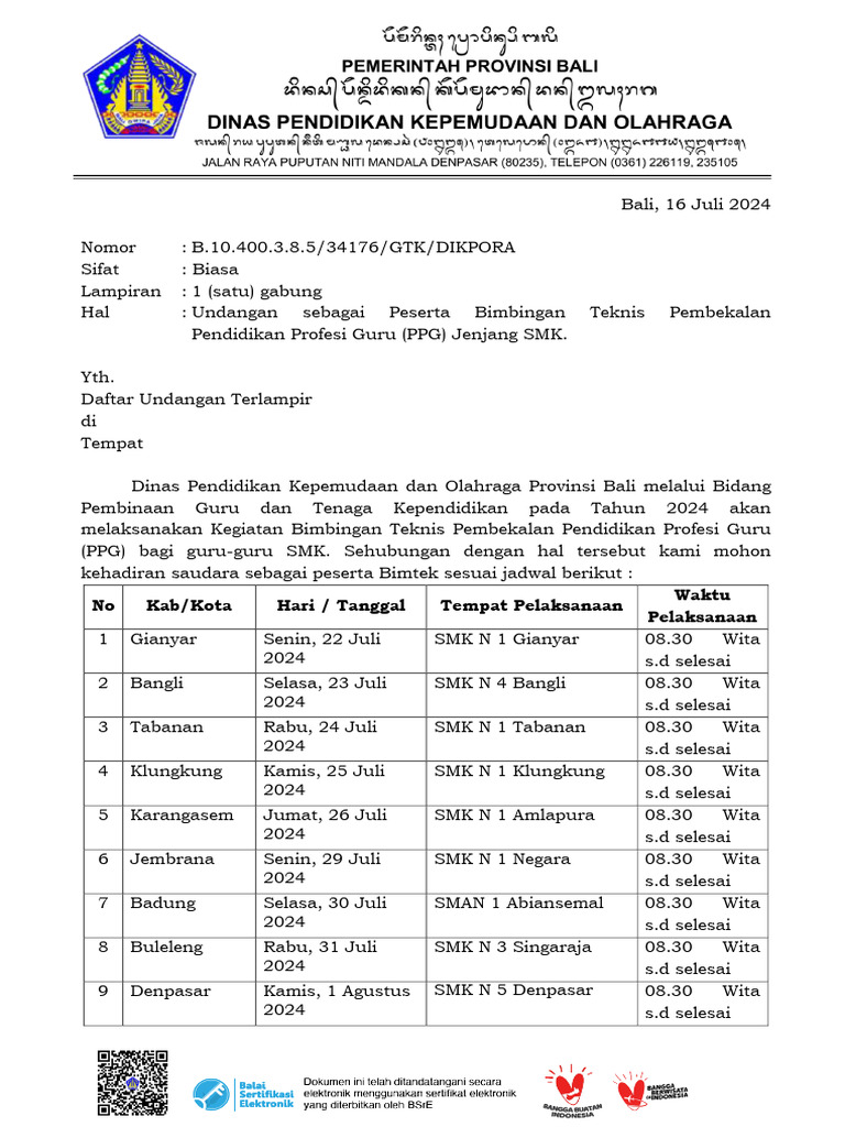 Surat Undangan Bimtek SMK 24 | PDF