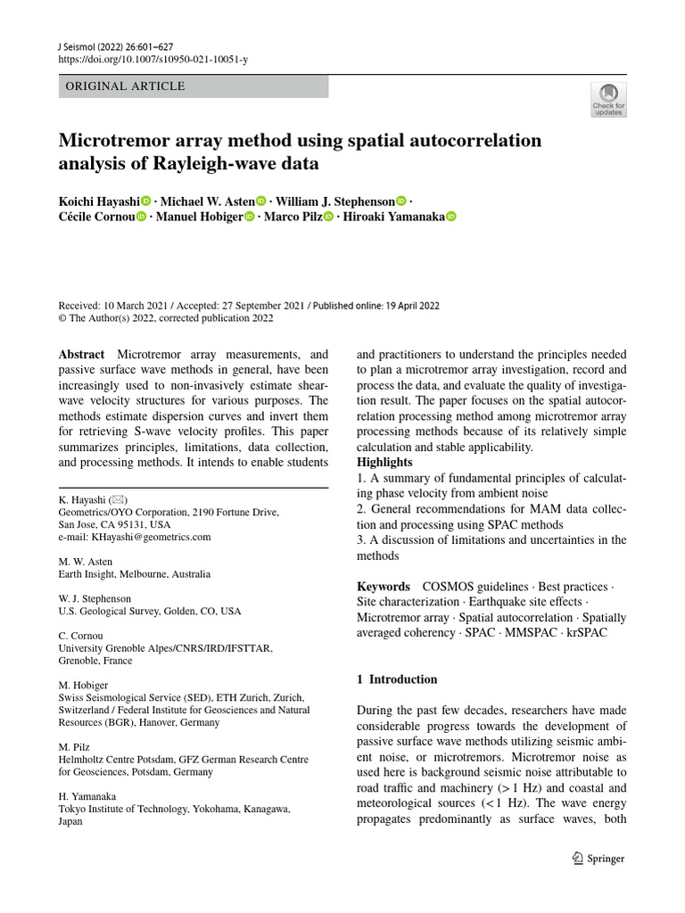 Microtremor Array Method Using Spatial Autocorrelation Analysis of Rayleigh Wave Data | PDF ...