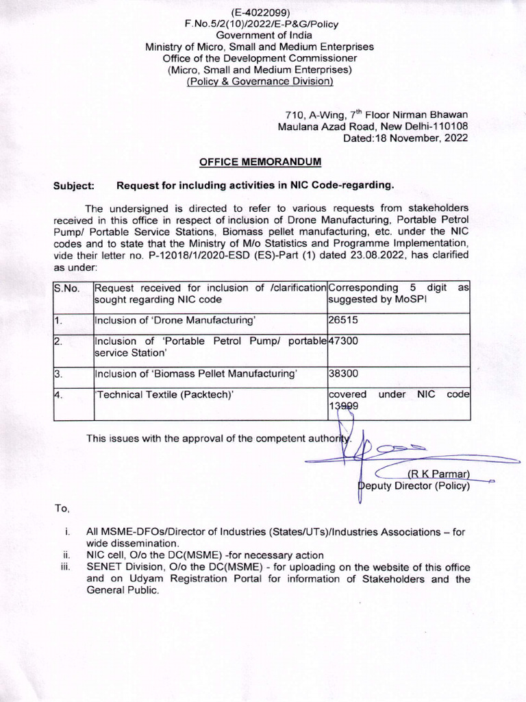 Office Memorandum Subject: Reques For Including Act Ities N NIC Code ...