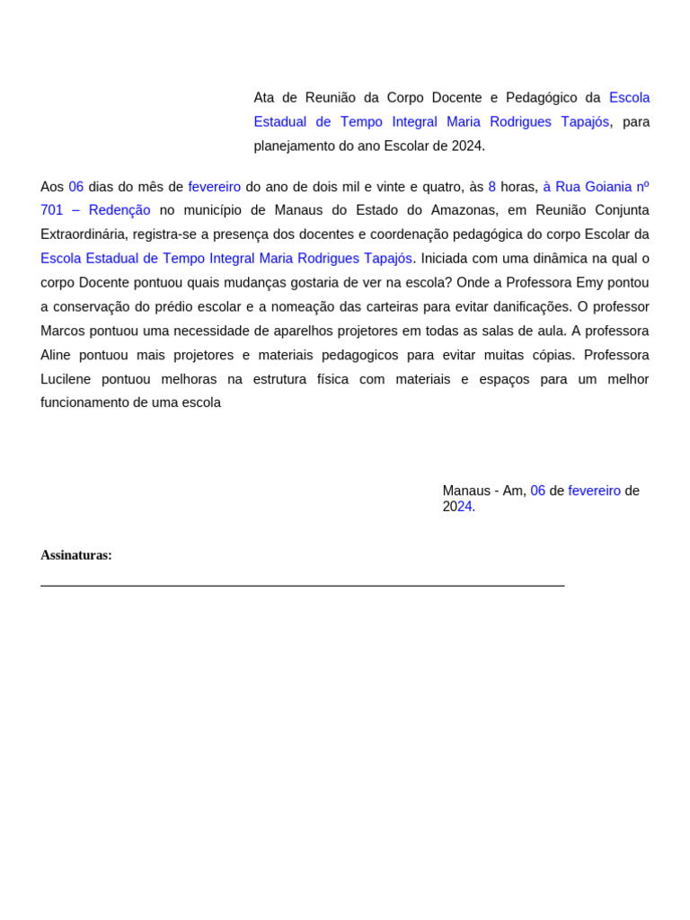 MODELO DE ATA Reunião Pedagógica 2024 | PDF | Bem-estar