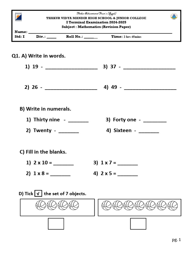 1st Standard Maths Revision Paper | PDF | Mathematics