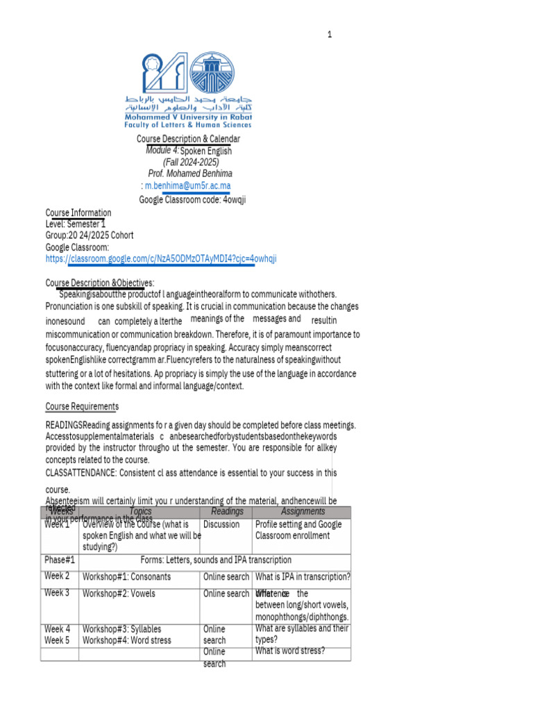 (Fall 2024-2025) Prof. Mohamed Benhima: M.benhima@um5r.ac - Ma | PDF | Human Voice | Linguistics